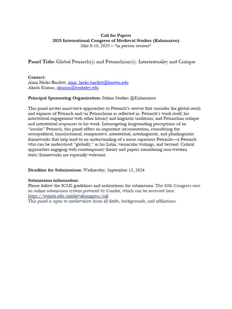 CFP 2025 ICMS Kalamazoo Global Petrarch | PDF