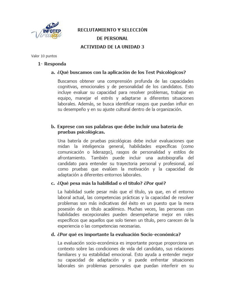 Rec y Selec Personal Actividad de La Unidad 3 | PDF | Sicología | Evaluacion psicologica