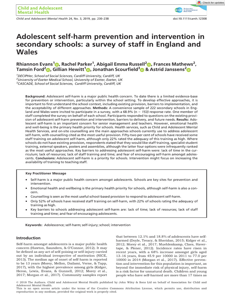 Child Adoles Ment Health - 2018 - Evans - Adolescent Self Harm Prevention and Intervention in ...