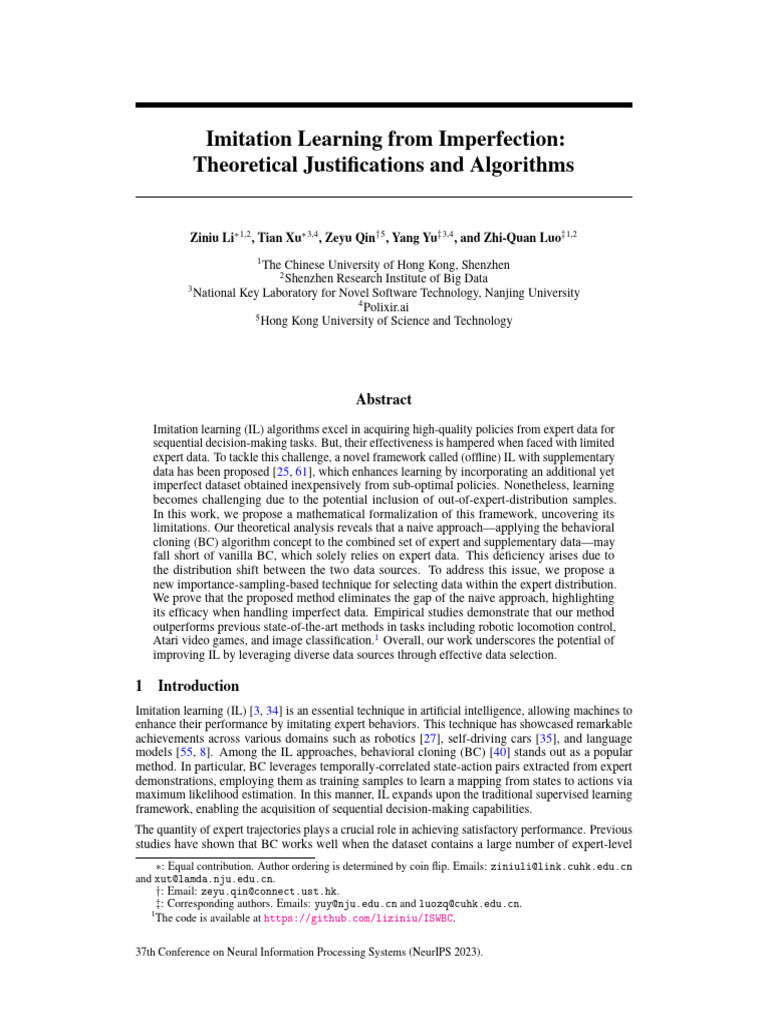 NeurIPS 2023 Imitation Learning From Imperfection Theoretical ...