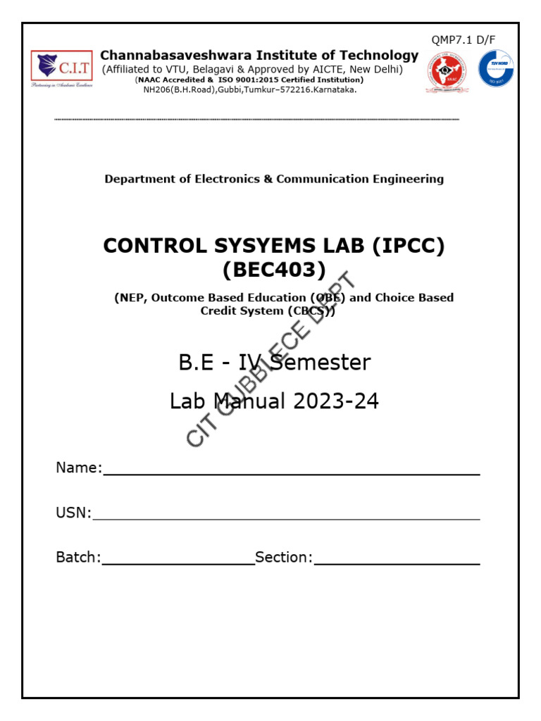 Control Systems Lab Manual BEC403IPCC AY 2023 24 Final 1 - Watermark 5 | PDF | Matlab | Engineering