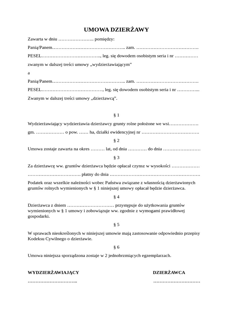 Umowa Dzierżawy | PDF