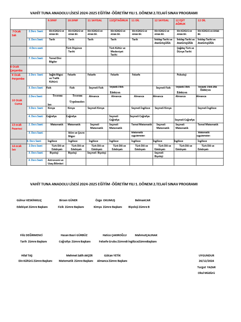 TELAFİ SINAV TAKVİMİ 24-25 1.2 Yeni (1) | PDF