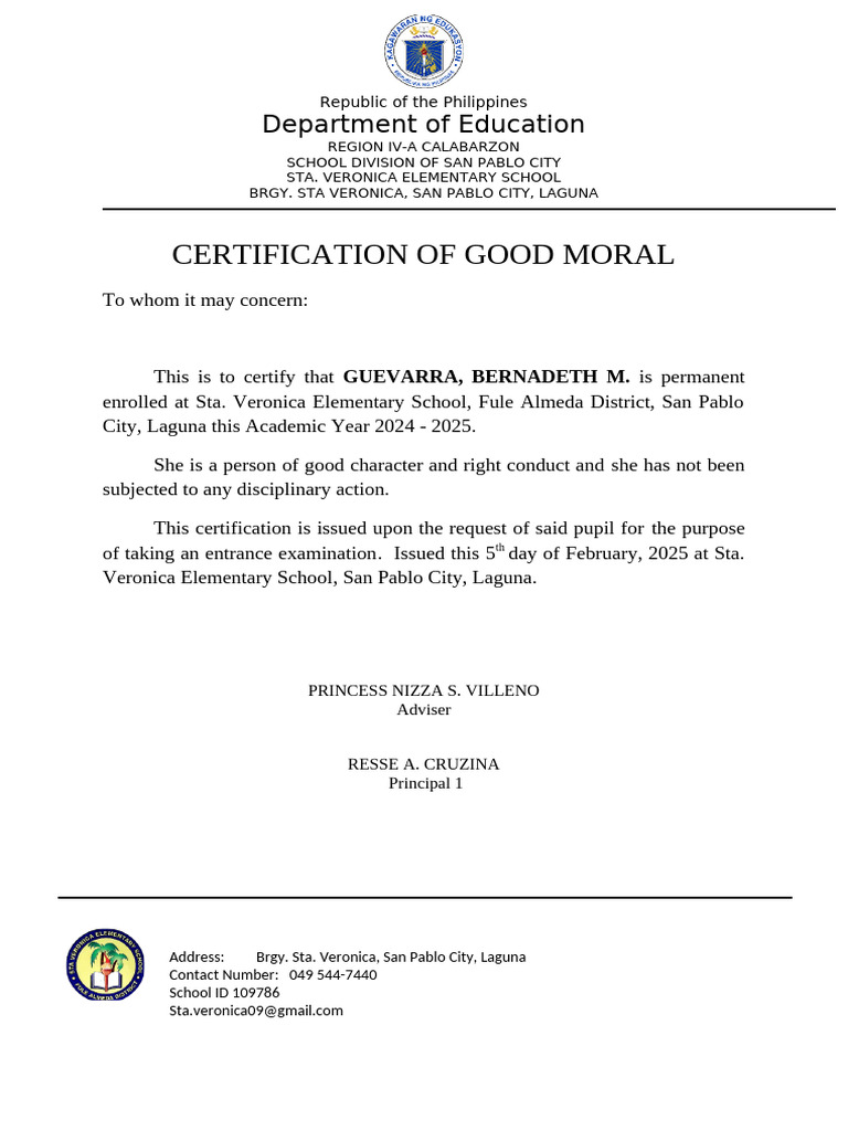 Certification of Good Moral Character | PDF