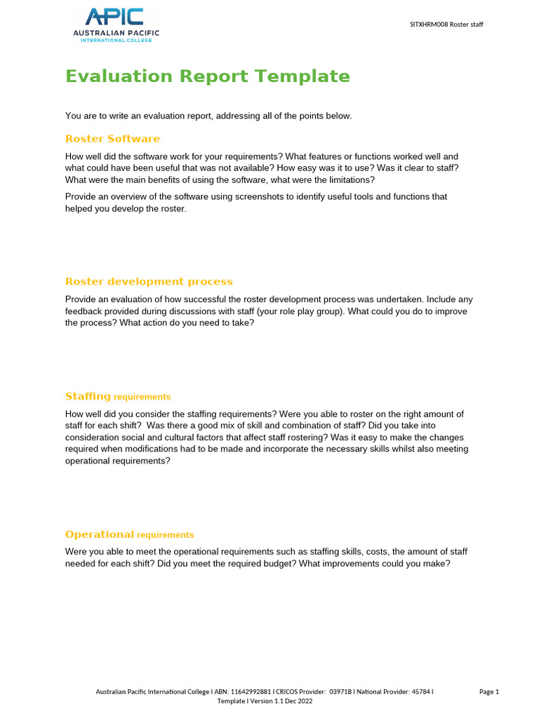 Roster Staff Evaluation Report Template | PDF
