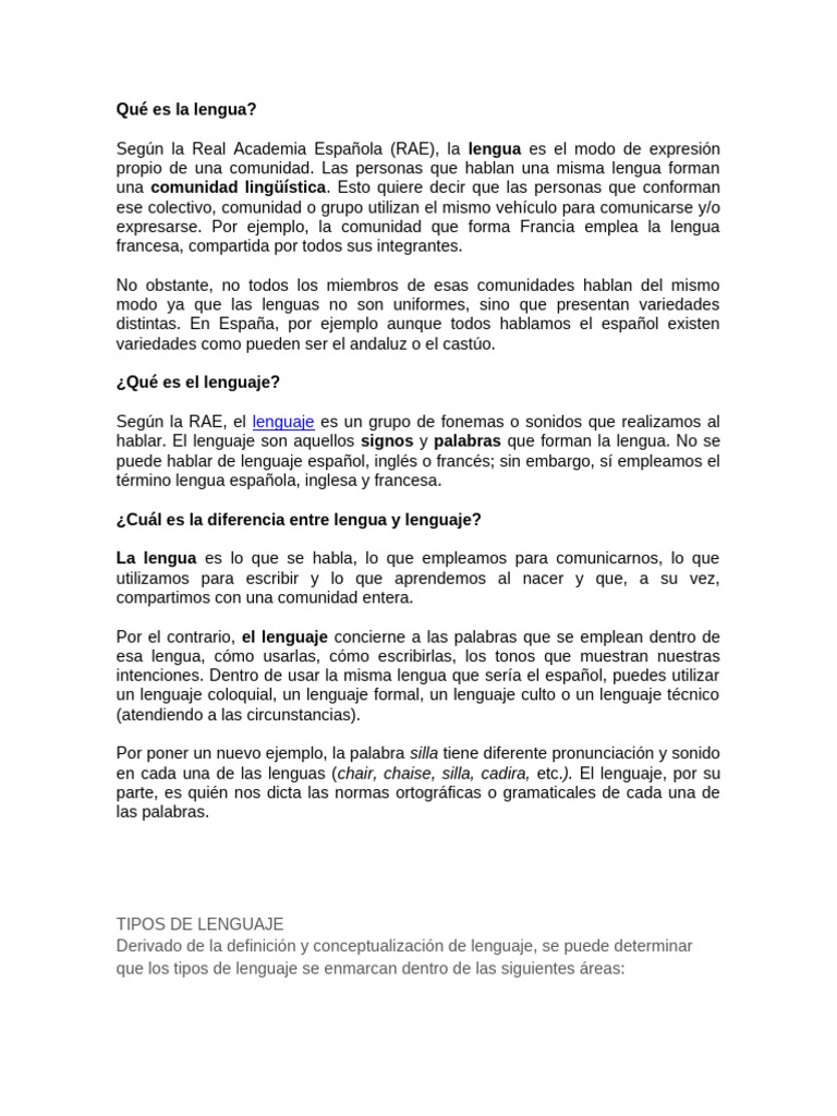 Definición y Tipos de Lengua | PDF | Lengua española | Palabra