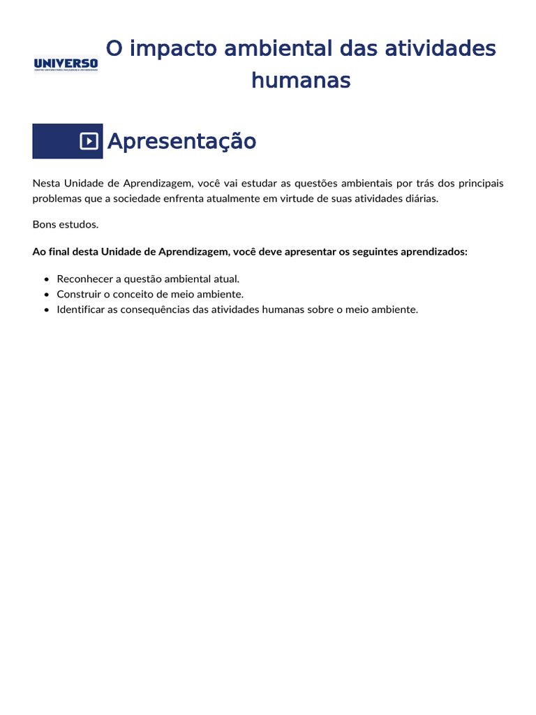 O IMPACTO AMBIENTAL DAS ATIVIDADES HUMANAS | PDF | Água | Ambiente natural