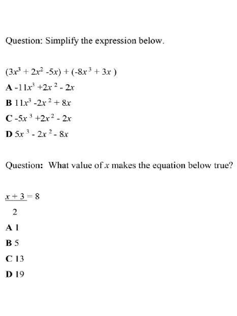 Sample of Mathematics Questions From Math Tests Administered To Study ...