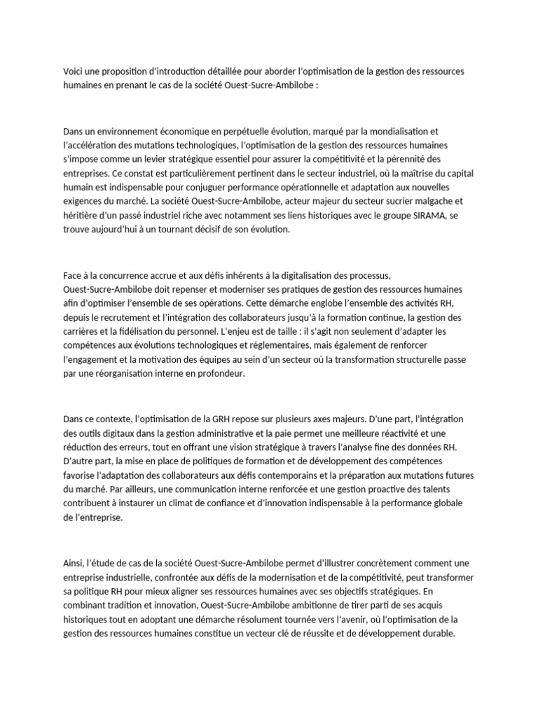 Optimisation RH chez Ouest-Sucre-Ambilobe | PDF | Gestion des ...
