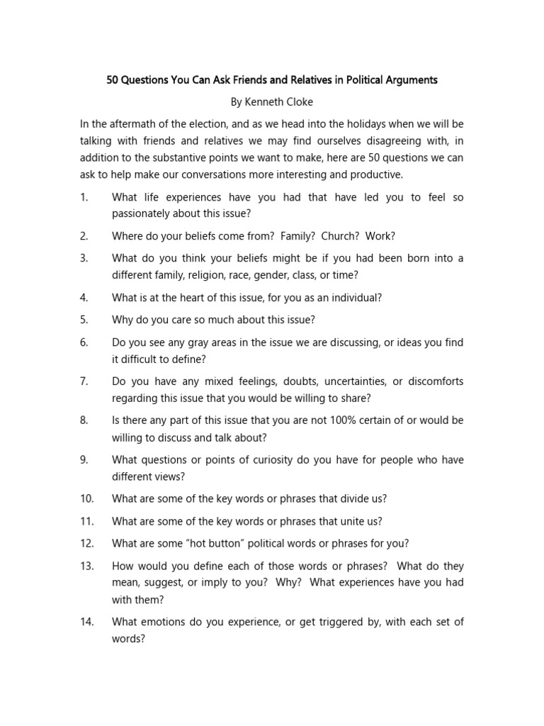 50 Questions for Political Conversations | PDF