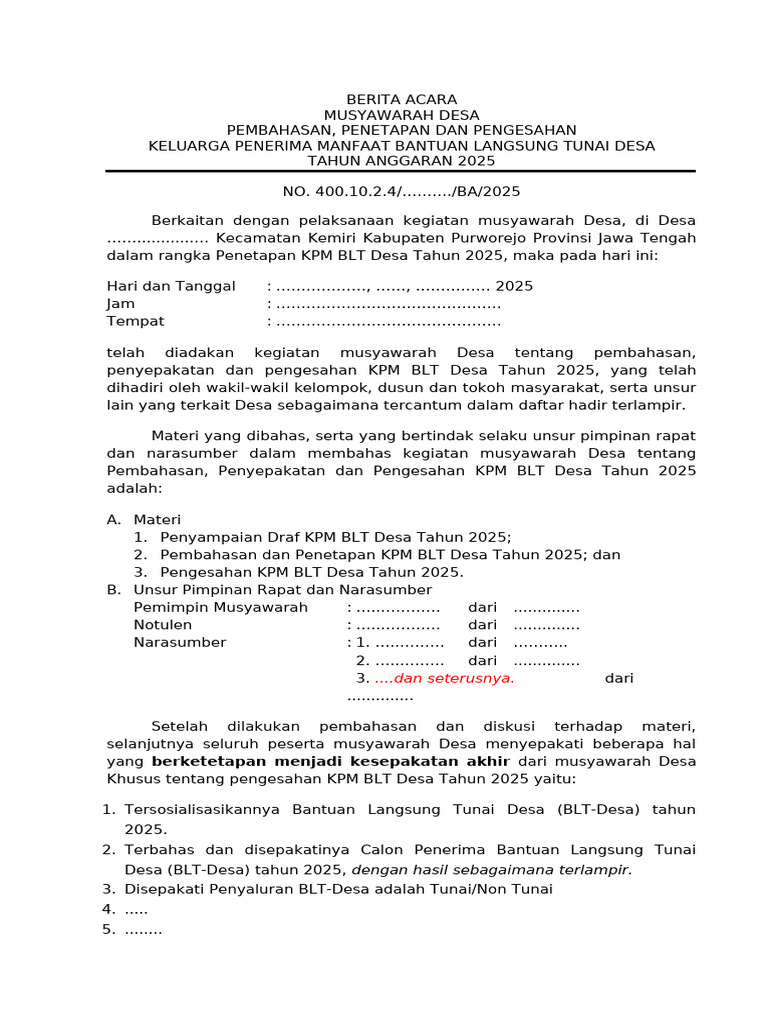 BA Musdes Pengesahan BLT Desa 2025 | PDF