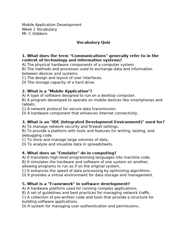 Mobile Application Development Week 1 Vocabulary Quiz | PDF