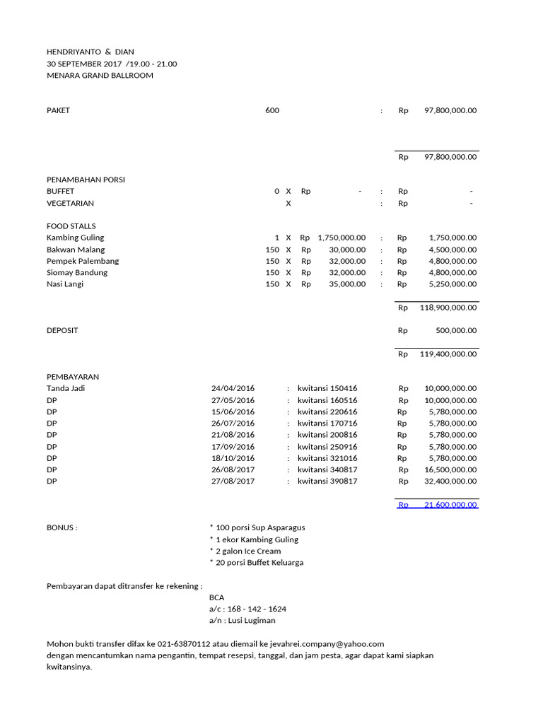 Rincian Paket Acara Pernikahan Hendriyanto & Dian | PDF