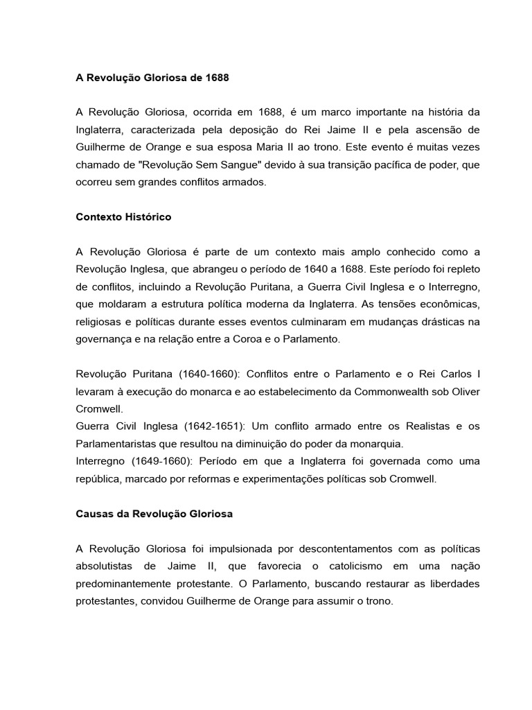 Revolução Gloriosa: Impacto e Significado | PDF | Revoluções | Guerra ...