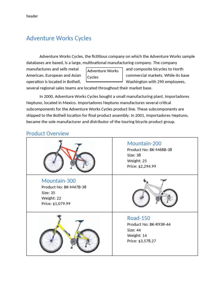Adventure Works Cycles Product Overview | PDF