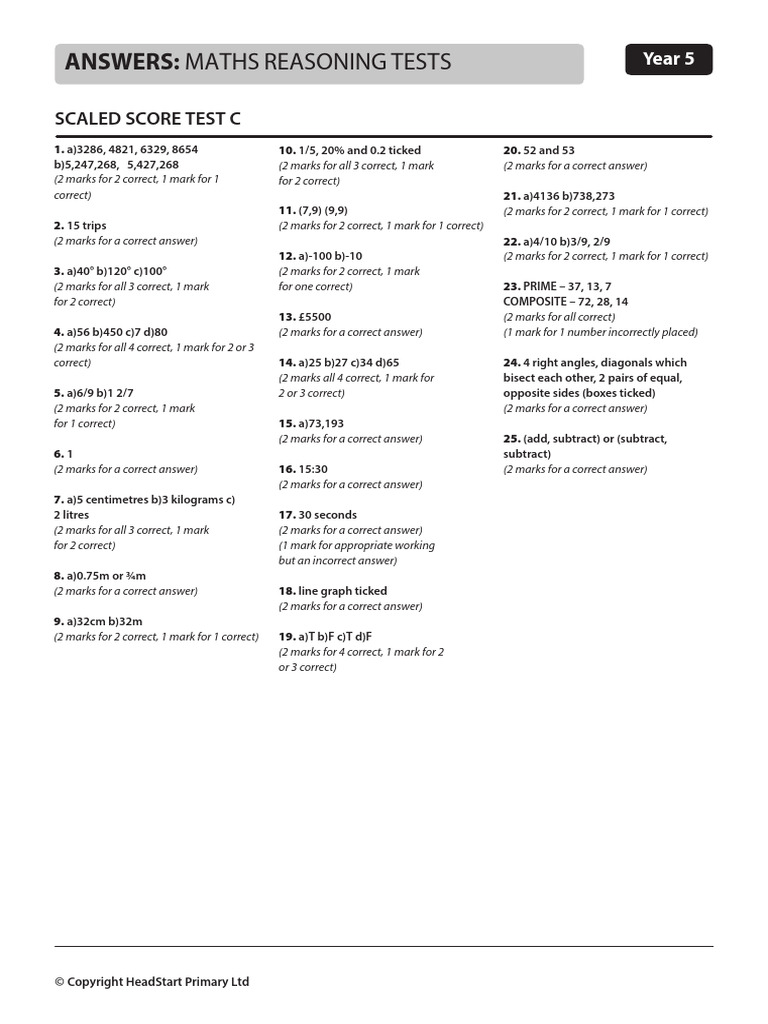 Y5 Maths Reasoning - Scaled Score TEST C (ANSWERS) | PDF