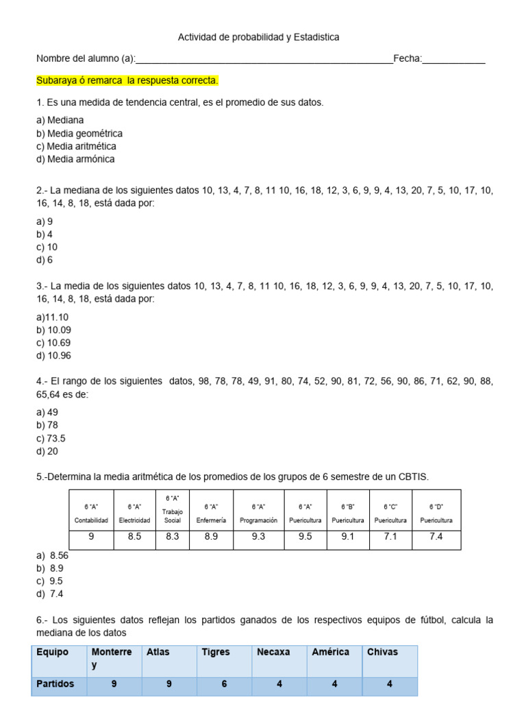 Cuestionario de Estadistica (PLANEA) | PDF