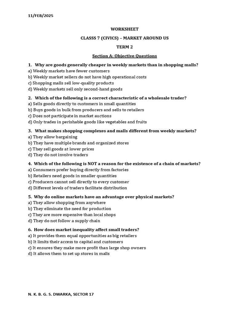 Class 7 Civics: Market Worksheet | PDF | Supermarket | Market (Economics)