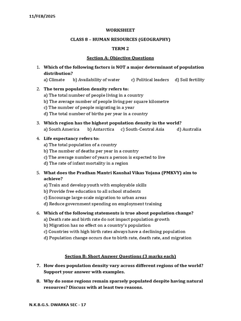 Class 8 Human Resources Worksheet | PDF | Birth Rate | Human Migration