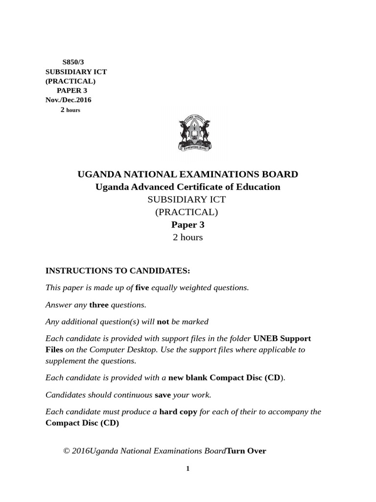 Uganda Advanced ICT Practical Exam 2016 | PDF | Microsoft Excel | Computing