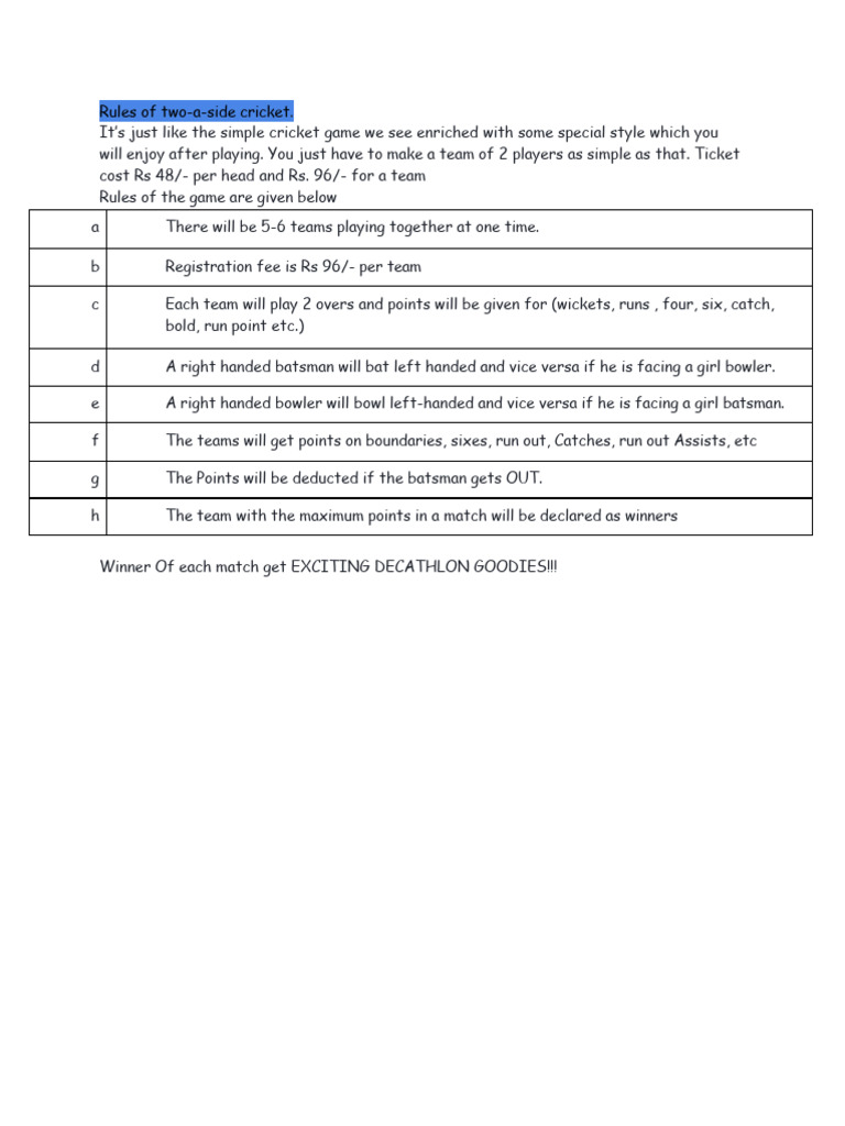 Two-a-Side Cricket Rules & Fees | PDF