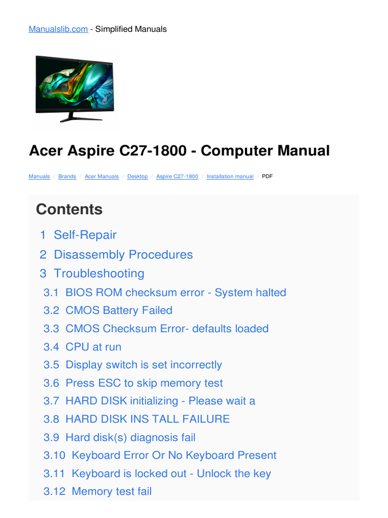 Acer Aspire C27-1800 Installation Manual | PDF | Bios | Computer Keyboard