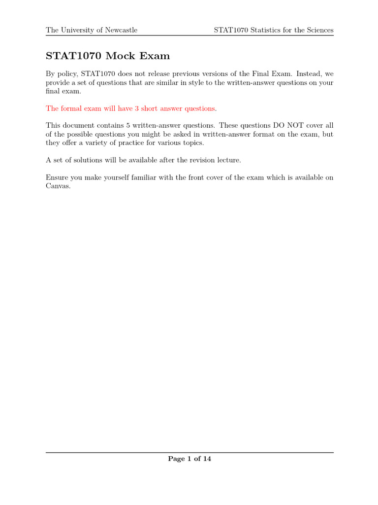 STAT1070 Mock Exam Questions | PDF | Errors And Residuals | Multivariate Statistics