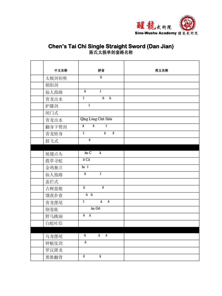 Chens Tai Chi Single Straight Sword | PDF