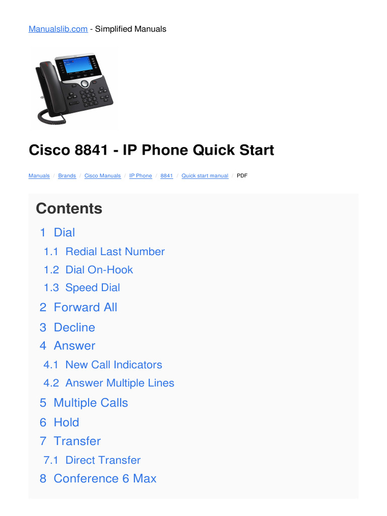 Cisco 8841 Quick Start Manual | PDF | Voicemail | Telephone