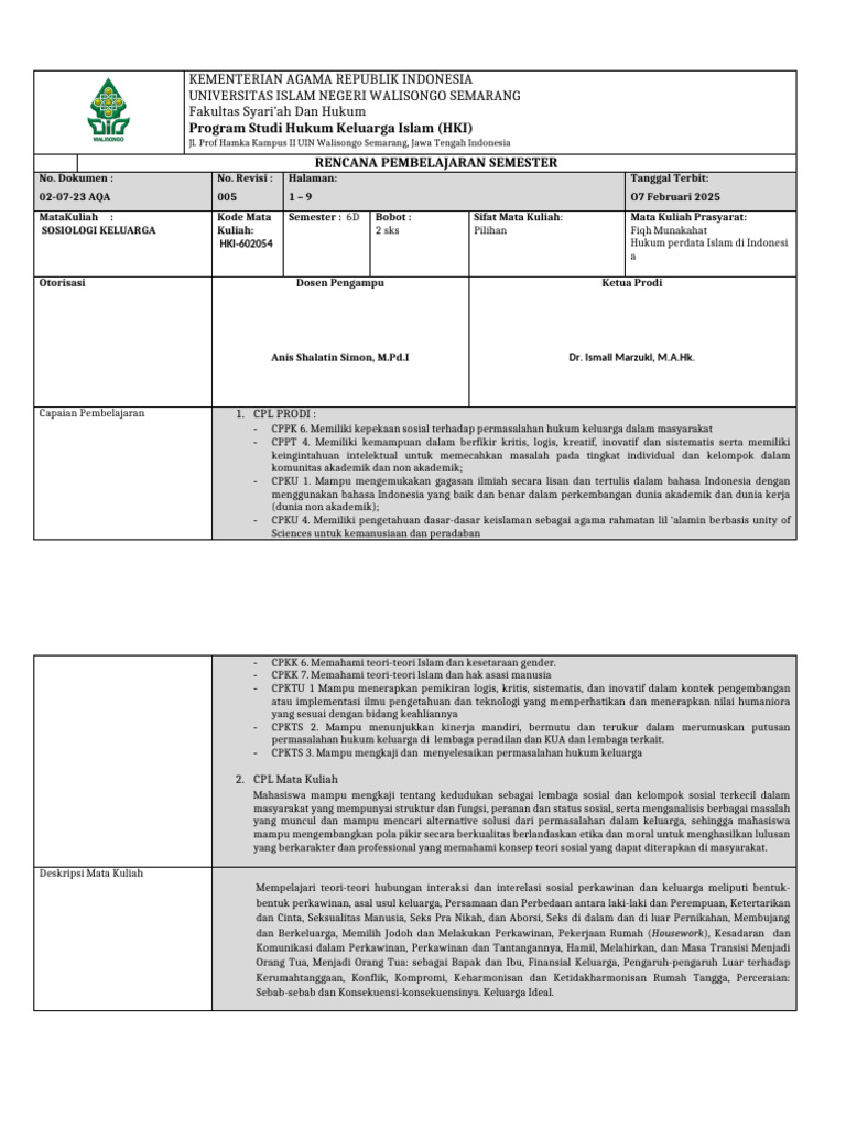 RPS SOSIOLOGI KELUARGA_ HKI 6 | PDF