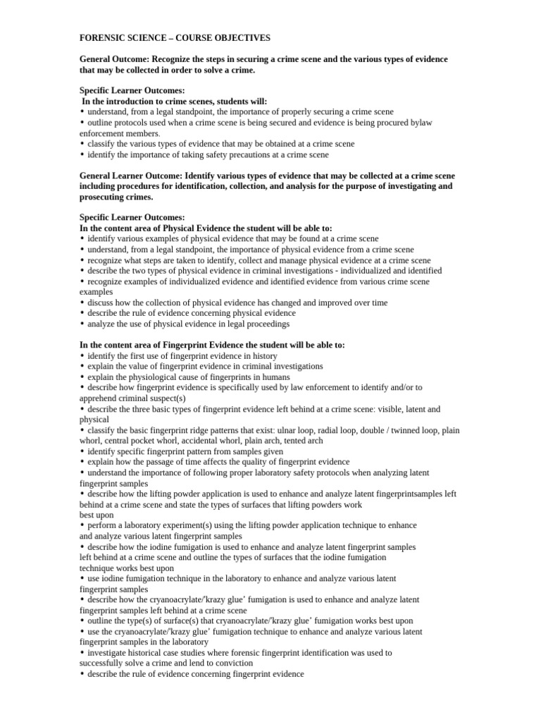 Forensic Science Course Objectives | PDF | Fingerprint | Crime Scene