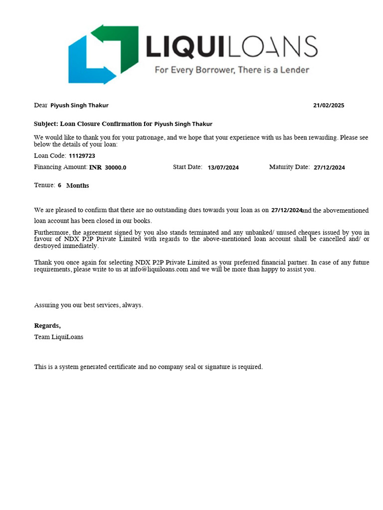 Subject: Loan Closure Confirmation For: Months | PDF