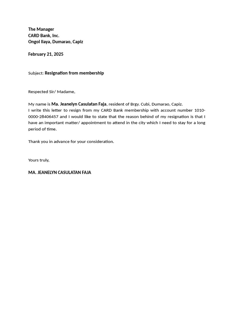 Resignation Letter from CARD Bank Membership | PDF