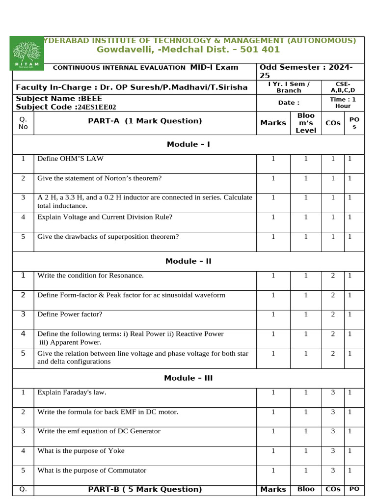 BEEE Mid-I Exam Questions 2024-25 | PDF | Electric Motor | Ac Power