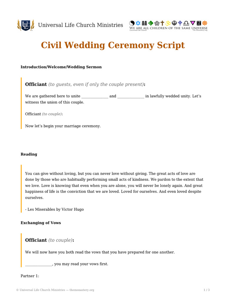 ULC Civil Wedding Script | PDF | Wedding | Marriage