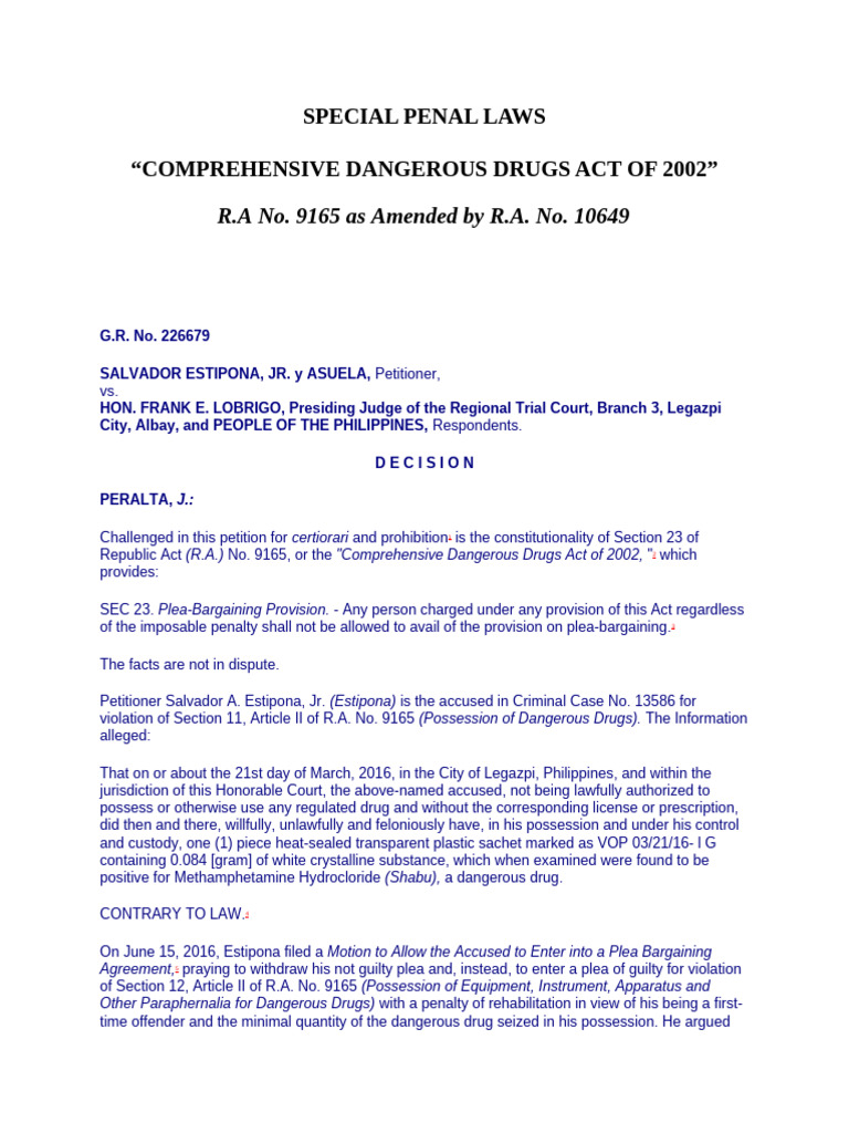 Special Penal Laws Ra 9165 | PDF | Plea | Plea Bargain