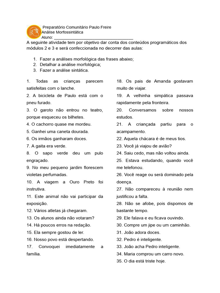 Atividade classificação Morfossintática | PDF