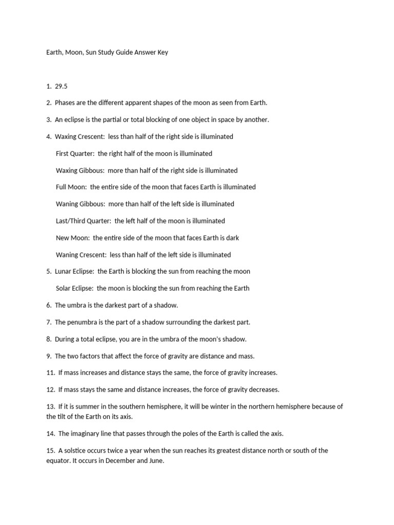 Earth Moon Sun Study Guide Answer Key2018 | PDF