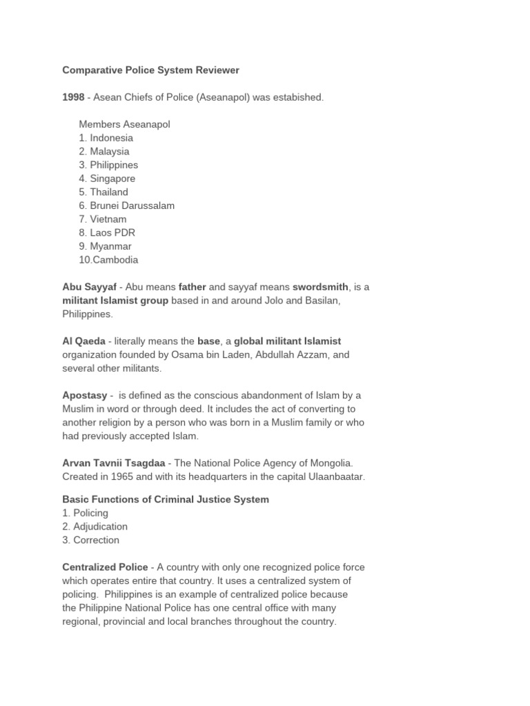 Comparative Police System Reviewer | PDF | Organized Crime | Crimes