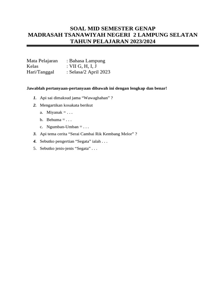 Soal Mid Semester Genap 2024 | PDF