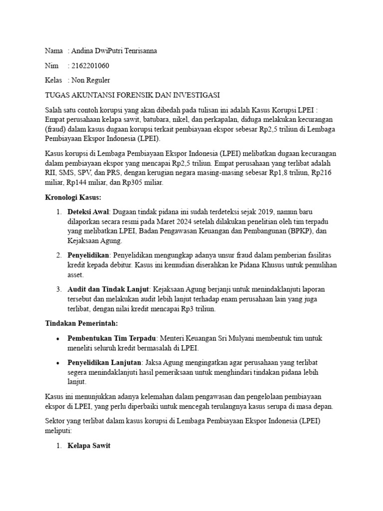 Tugas Akuntansi forensik dan investigasi Andina 2162201060 | PDF