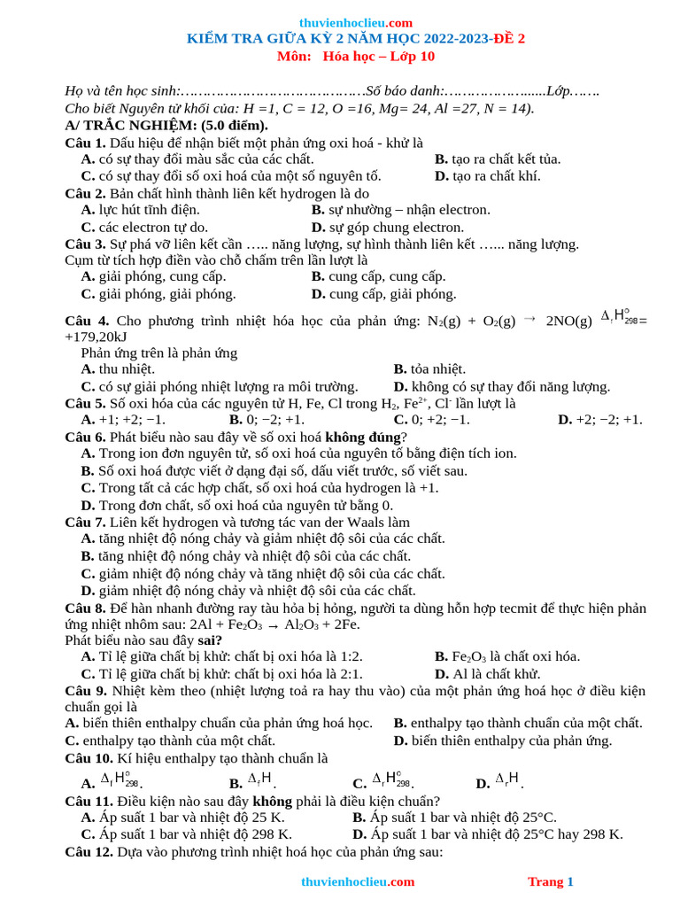 thuvienhoclieu.com-De-kiem-tra-giua-HK2-Hoa-10-CTST-De-2 | PDF