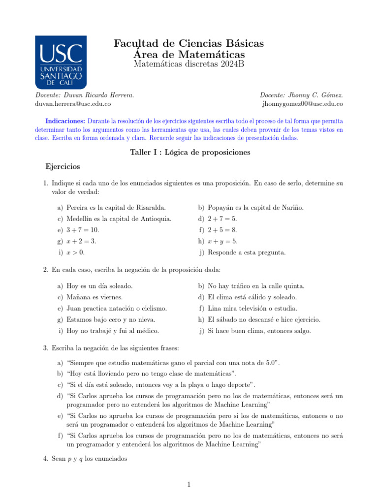 Taller I Lógica de Proposiciones | PDF | Proposición | Matemáticas