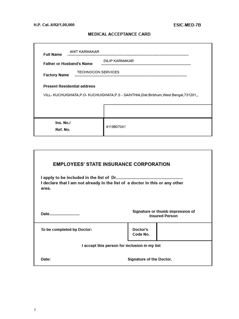ESIC Medical Acceptance Card Form | PDF