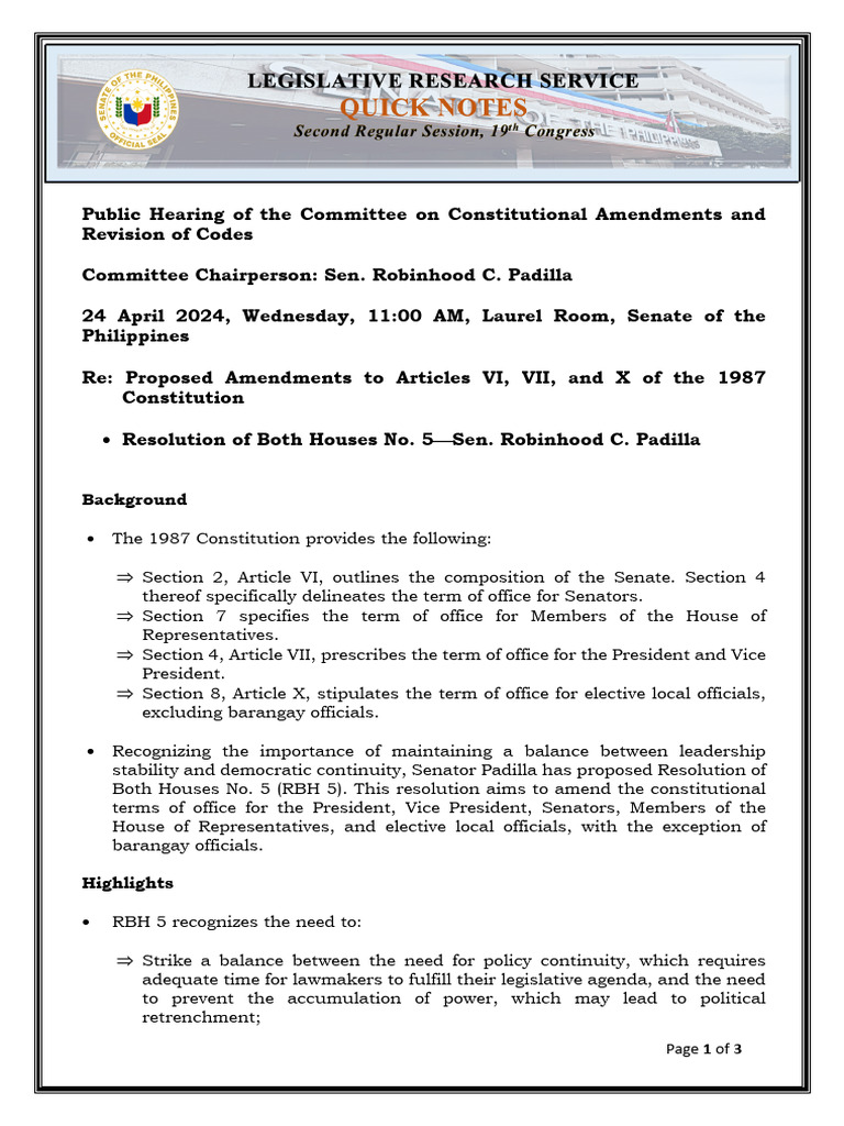 Proposed Amendments to 1987 Constitution | PDF | Vice President Of The ...