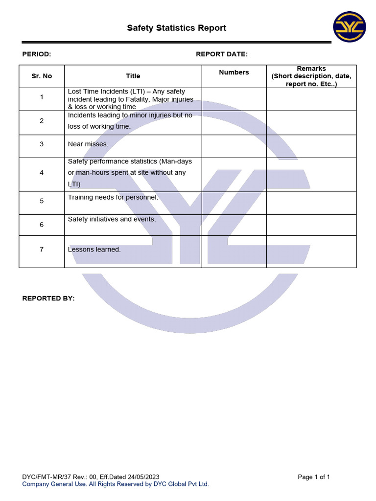 DYC-FMT-MR-37 R00 - Safety Statistics Report | PDF