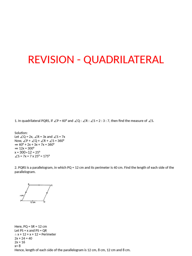 Quadrilateral Angle and Side Calculations | PDF | Classical Geometry ...