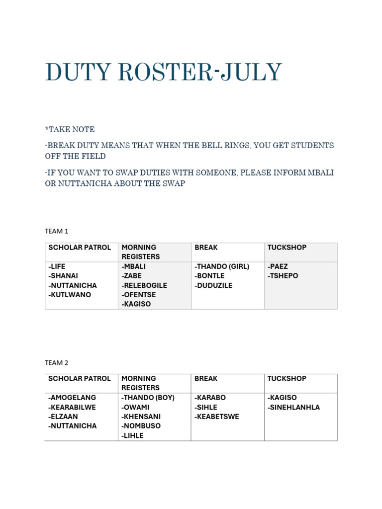 Duty Roster-July | PDF