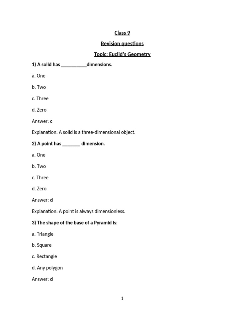 Class 9 Revision Questions Euclid's Geometry | PDF | Axiom | Line ...