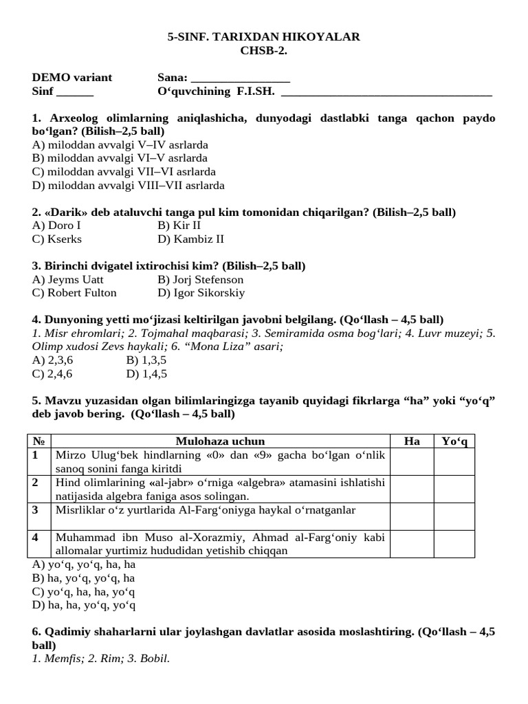 5-Sinf. Tarixdan Hikoyalar. CHSB-2. DEMO | PDF